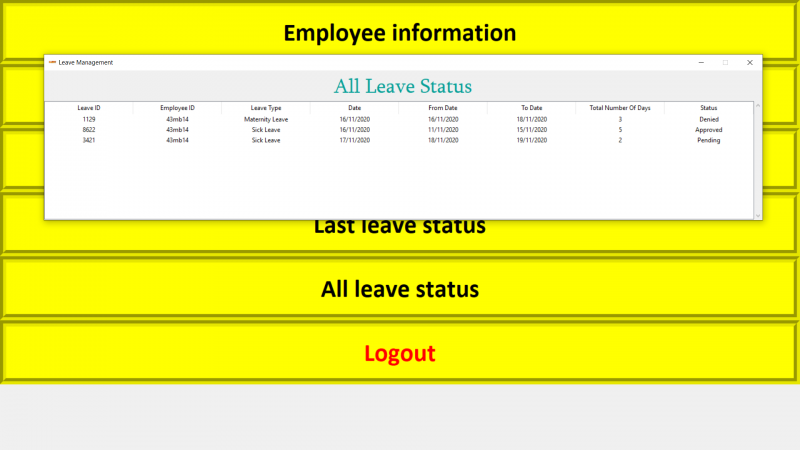 Python Program To Employee Leave Management System Gui App Using The Python Tkinter Kashipara
